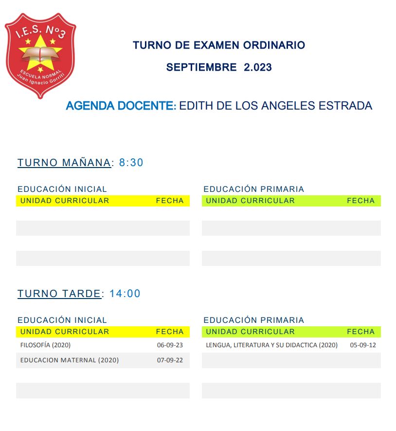 Agendas docentes – Turno de examen ordinario – septiembre 2.023 ...